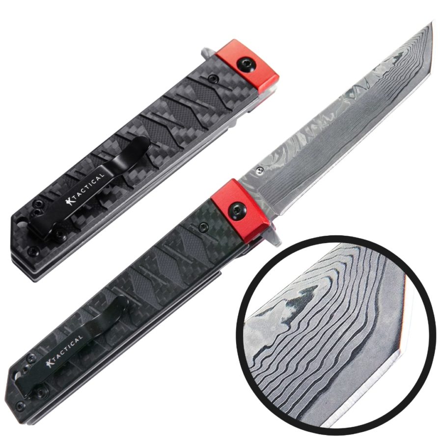 Folding Pocket Katana Damascus Samurai Japanese Carry Knife Carbon ...